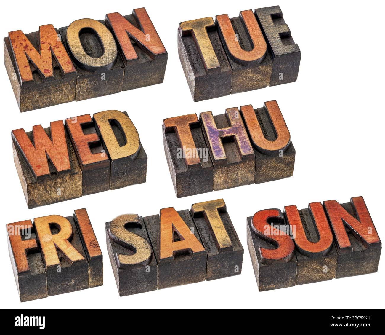 A set of 7 days of week (first 3 letter symbols) in isolated vintage ...