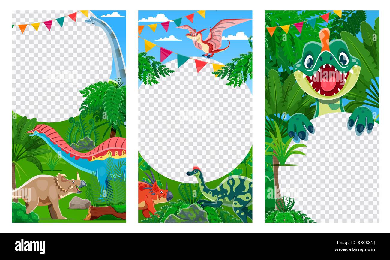 Social media frame templates with cartoon prehistoric dinosaurs. Vector ...