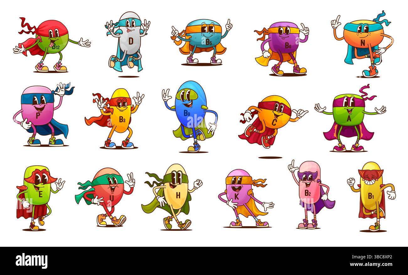 Cartoon groovy vitamin characters in superhero costumes representing ...