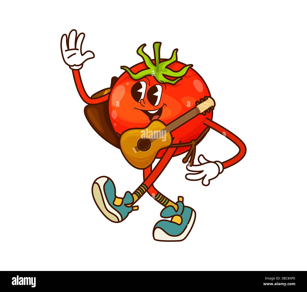 Cartoon groovy tomato cowboy and bandit vegetable character with guitar ...