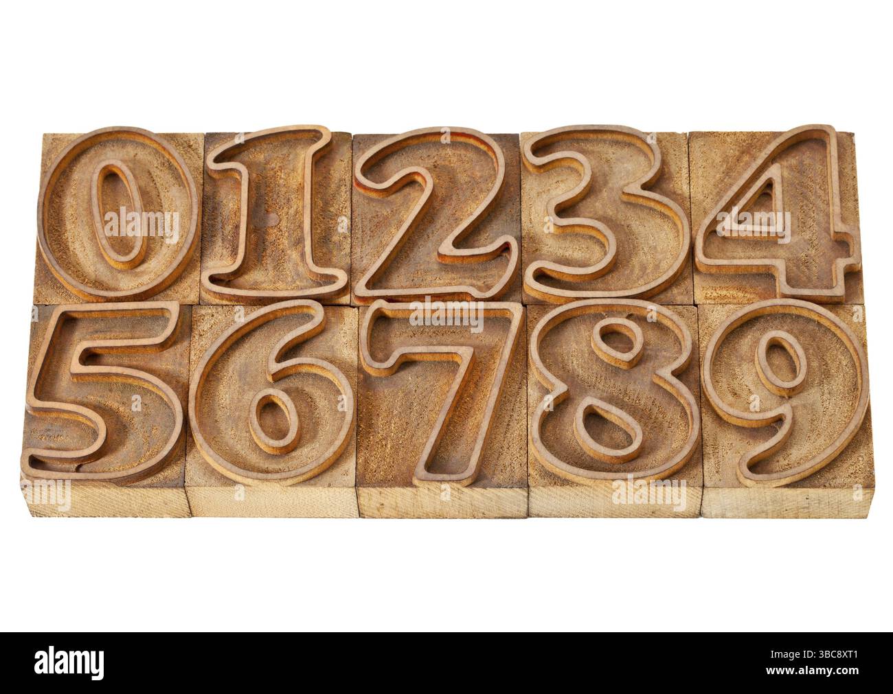 Ten numbers from zero to nine in isolated vintage wood letterpress ...