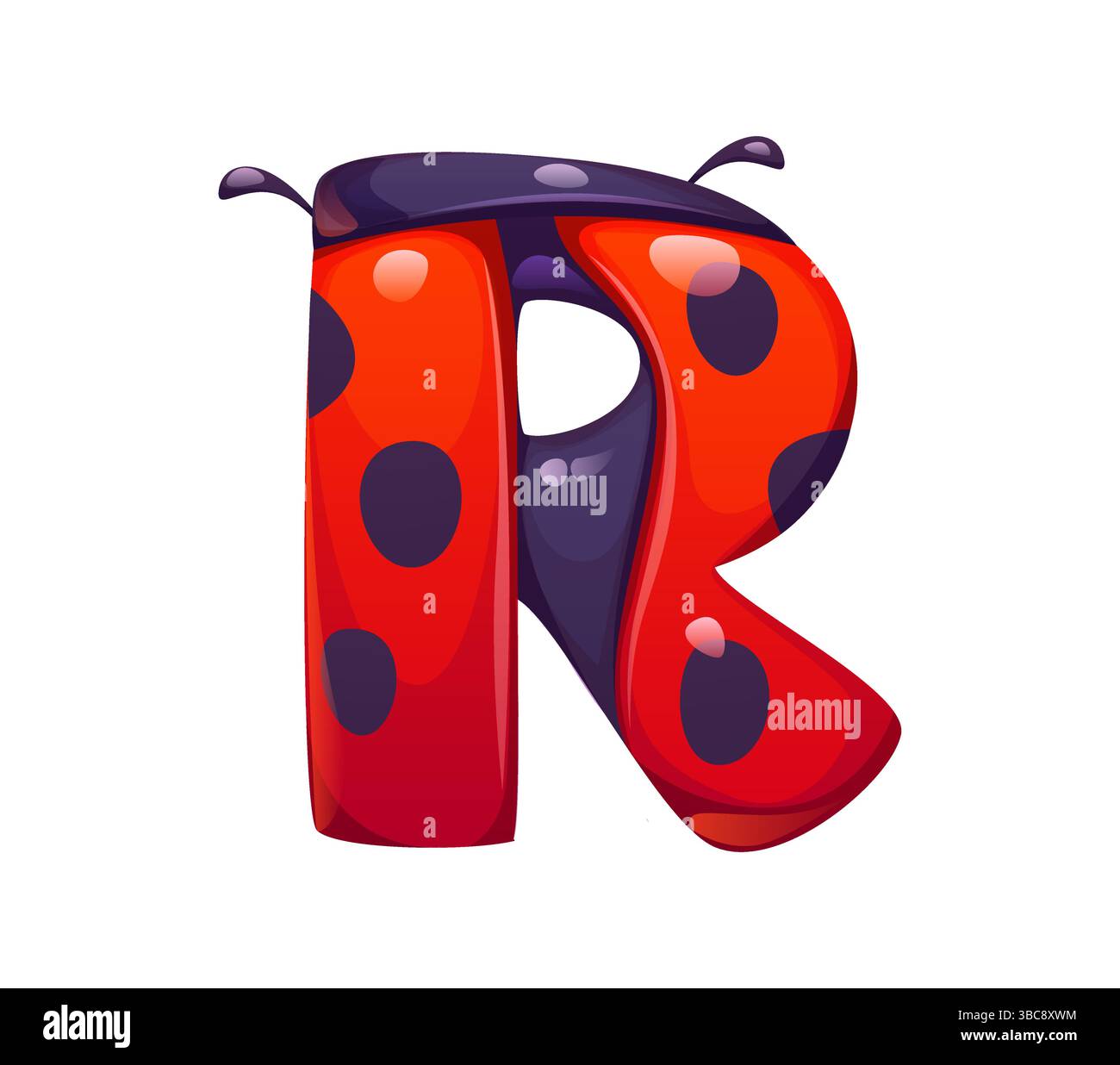 Ladybug cartoon font letter R. Garden insect font sign, spring lady bug ...