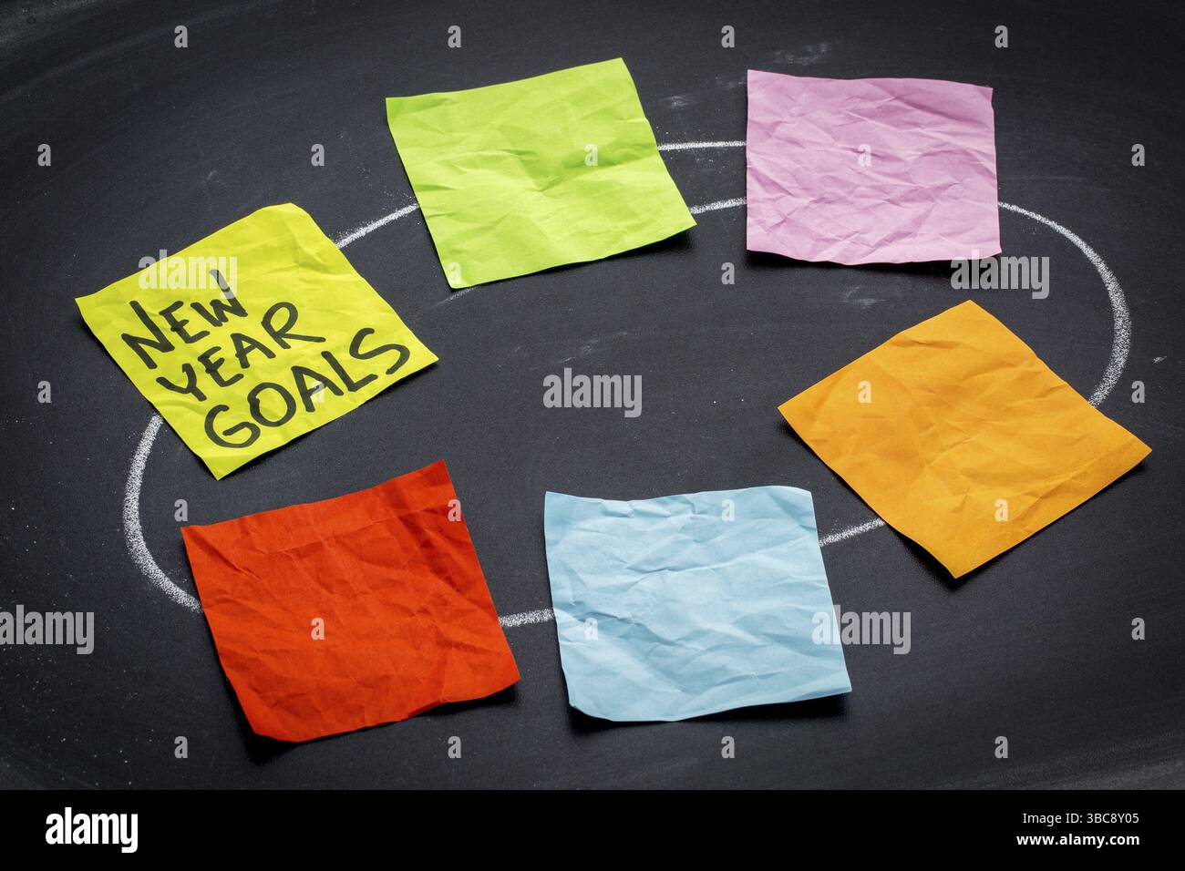 New Year goals - handwriting on a sticky note against blackboard with ...