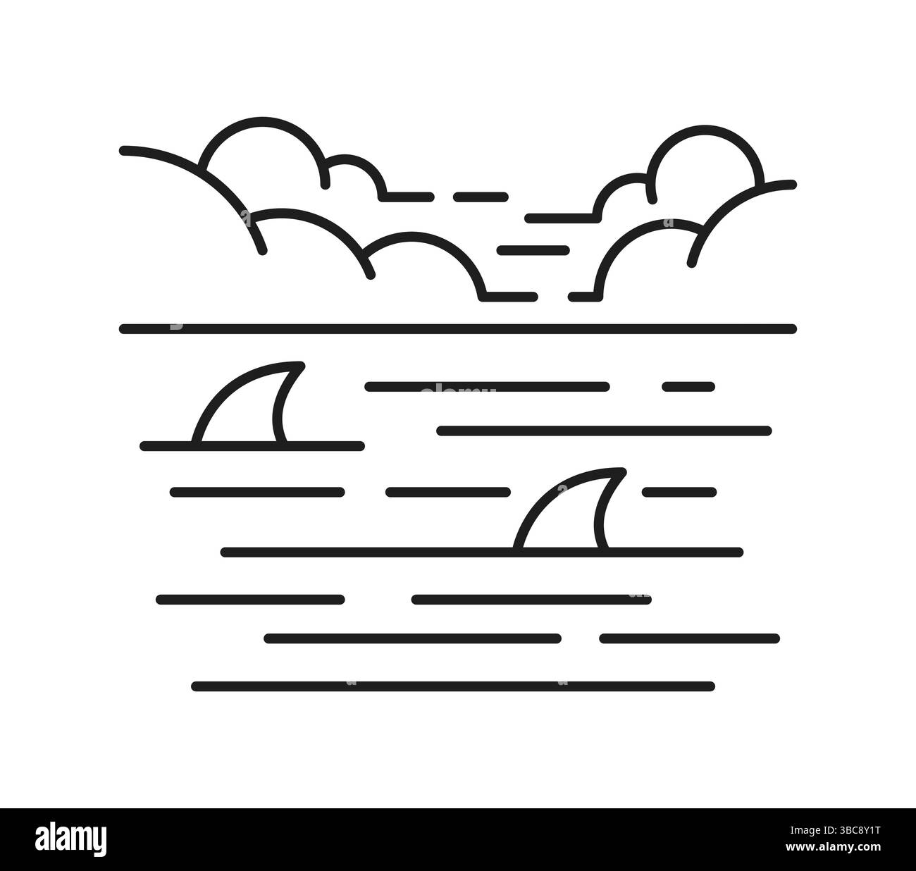 Landscape line icon of sea or ocean seascape with shark fins in water ...