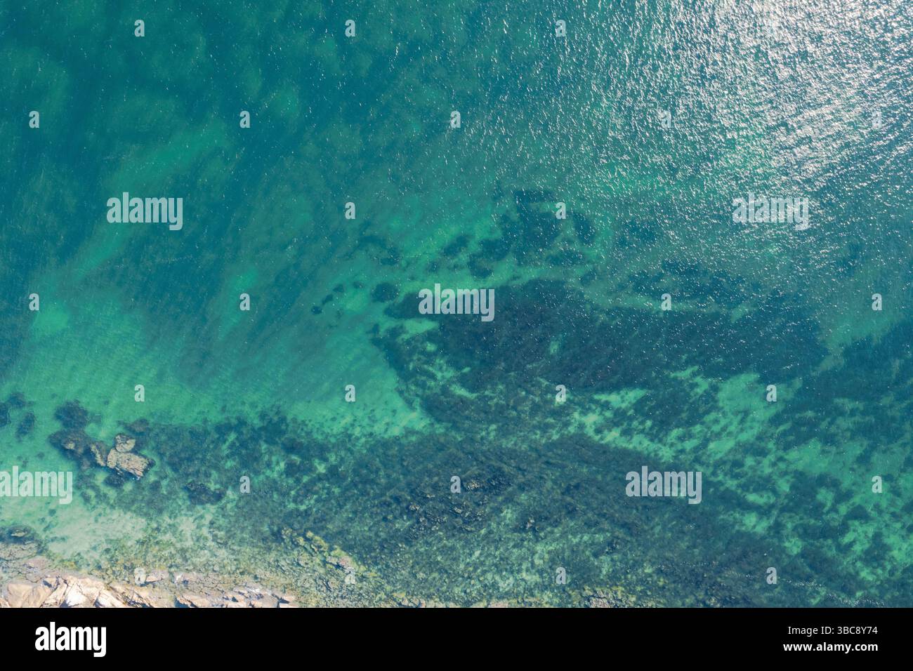 beach landscape from above: clear water and underwater features, top ...