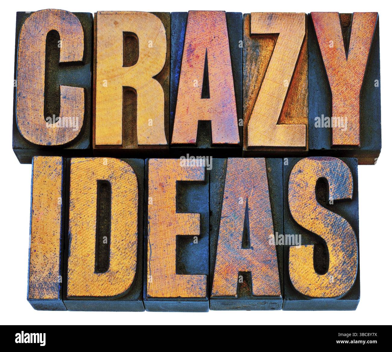 Crazy ideas - creativity concept - isolated text in vintage letterpress woodtype printing blocks ...