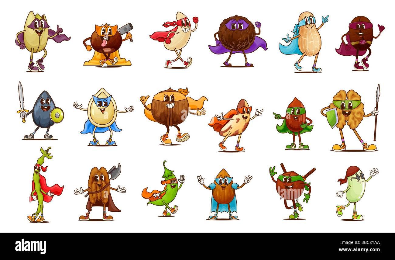 Groovy superhero nut and bean characters. Retro hippie almond, walnut ...