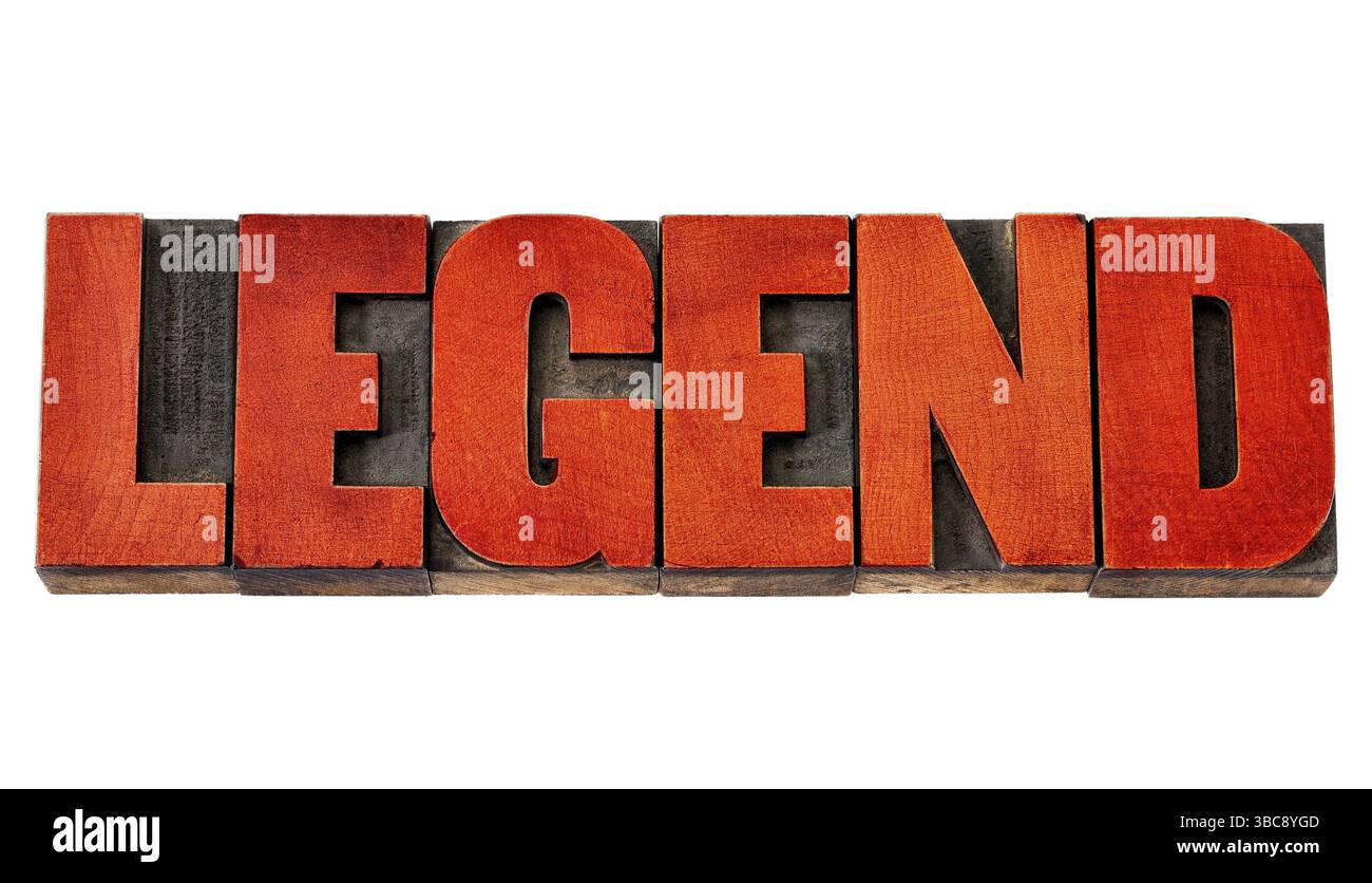 Legend - isolated word in vintage letterpress wood type stained by red ...