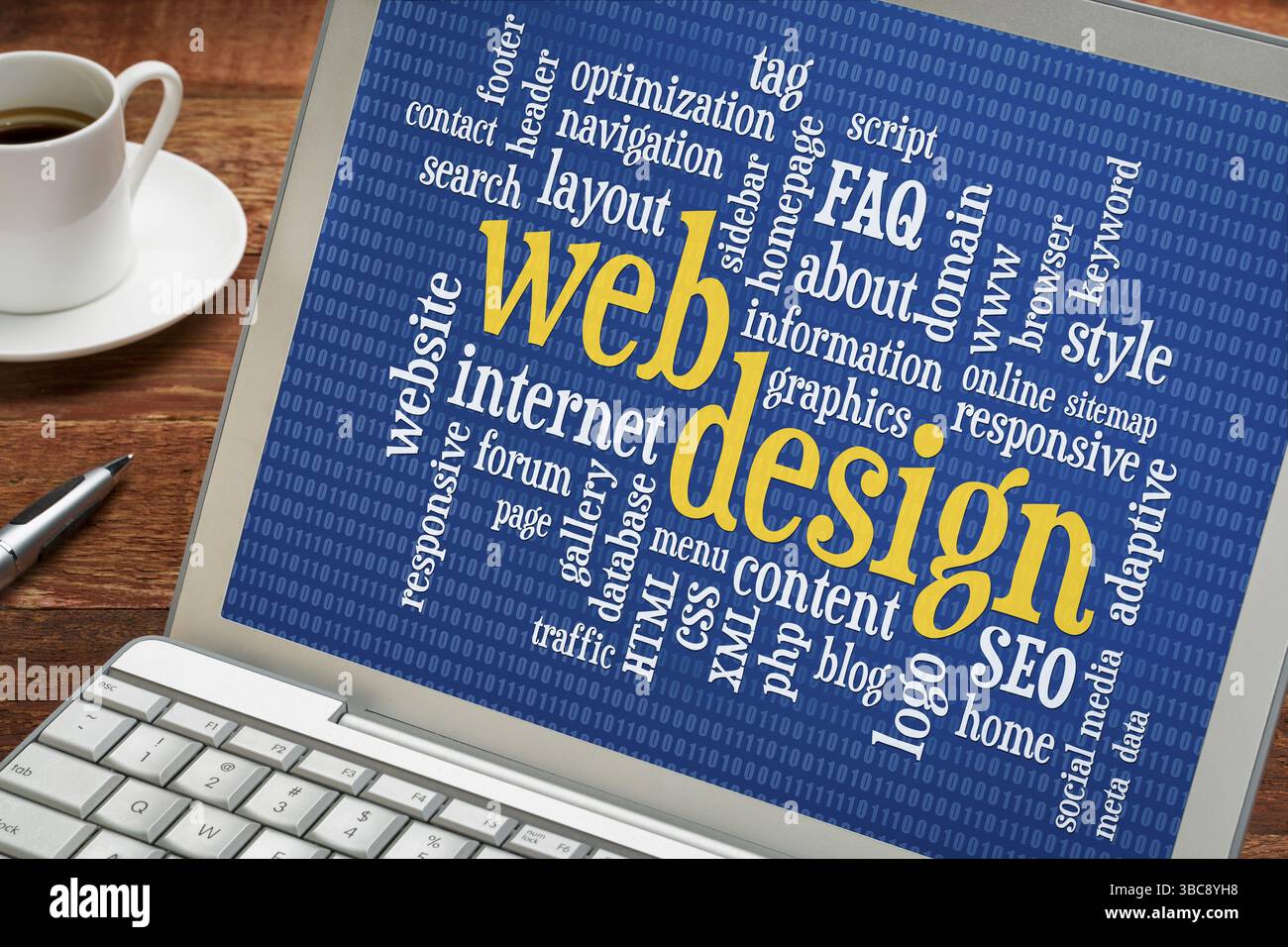 Web design and development word cloud with binary background on a ...