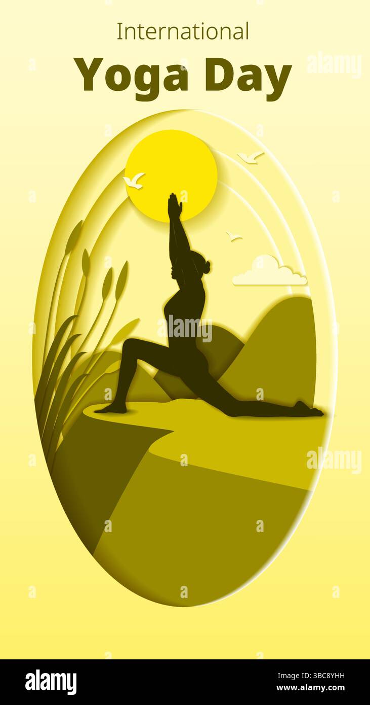 International Yoga Day. Vertical template. Anjaneyasana pose. Crescent ...