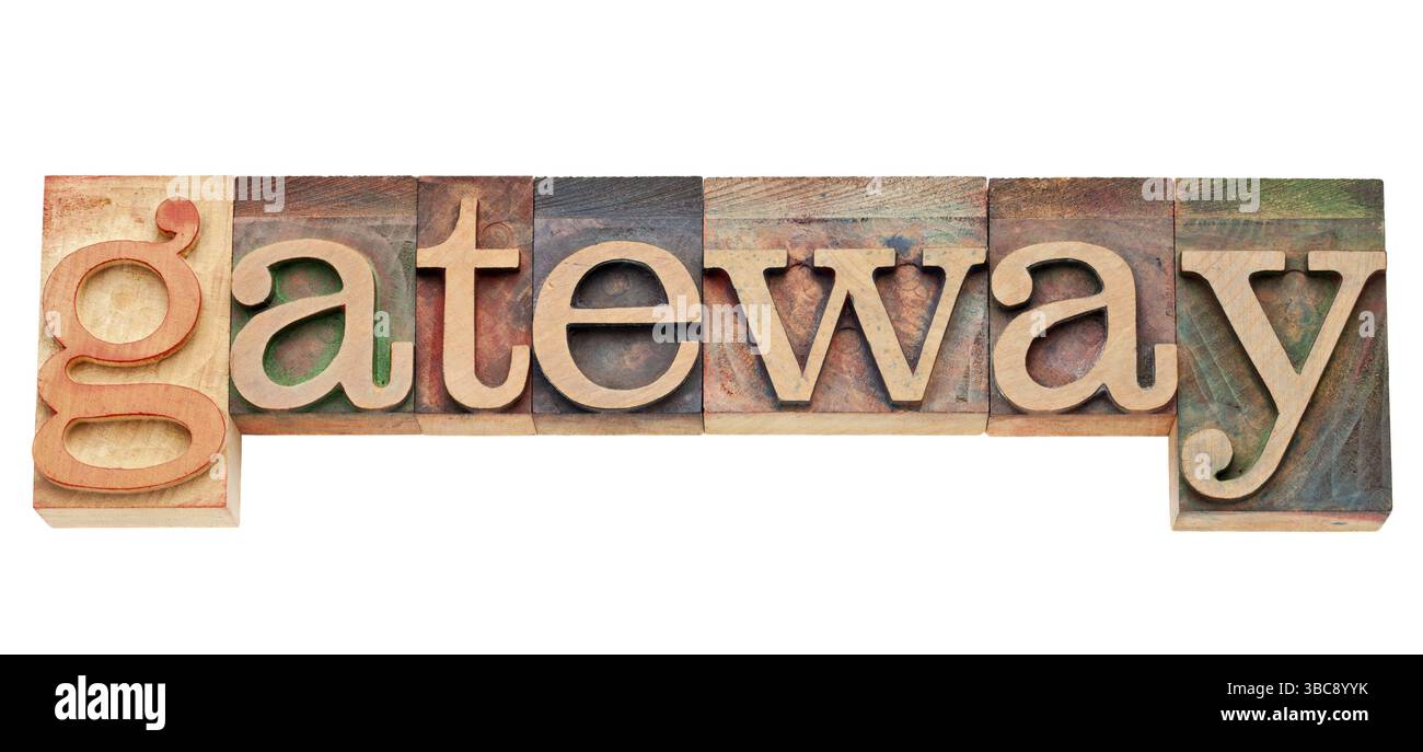 Gateway - computer network concept - isolated text in vintage wood ...