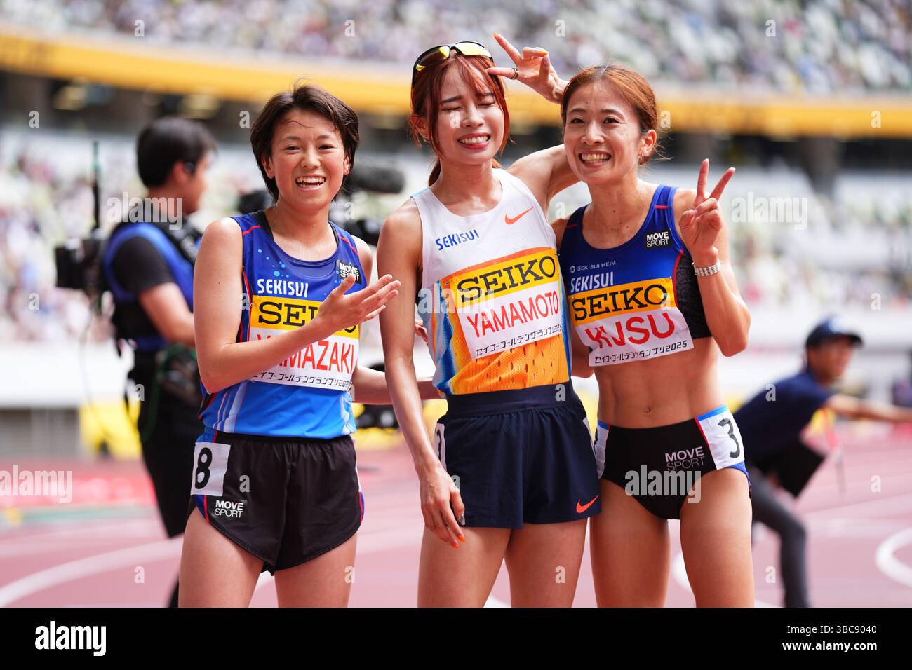 Tokyo, Japan. 18th May, 2025. (L-R) Risa Yamazaki, Yuma Yamamoto, Rina Kusu Athletics : World ...