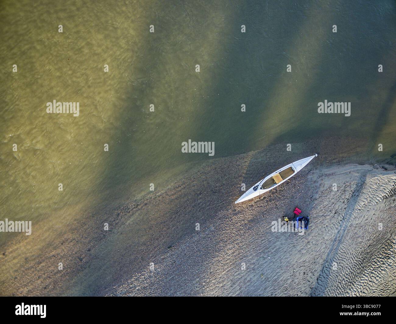 Aerial view of expedition decked canoe on a sandbar, South Platte River ...