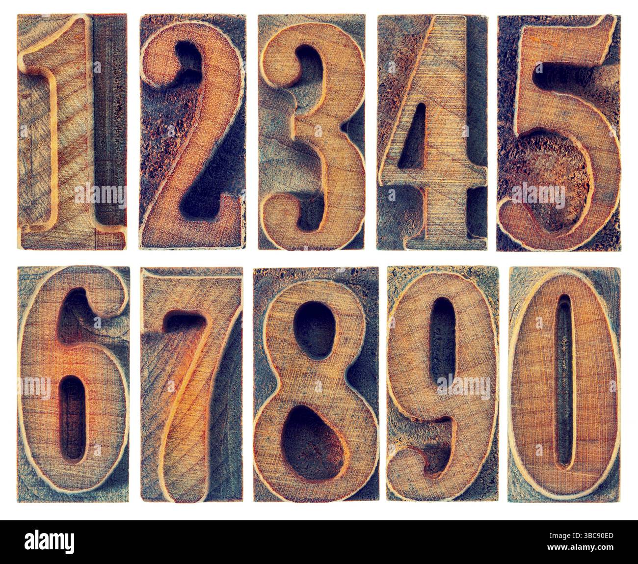 A set of isolated ten numbers from zero to nine in letterpress wood ...