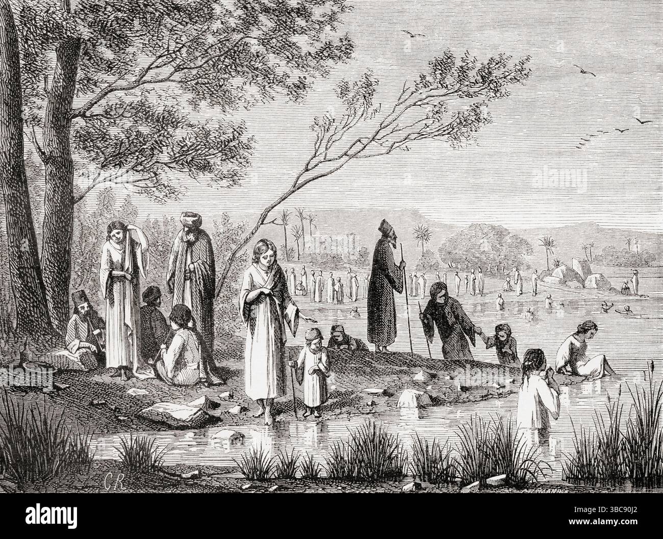 Greek pilgrims bathing in the River Jordan, 19th century. From Holy ...