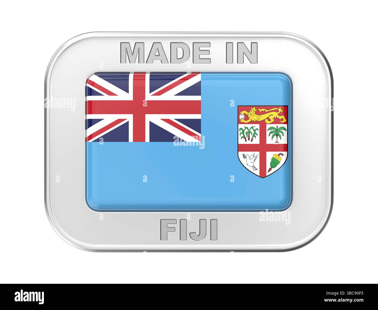 Made in Fiji, silver badge with the national flag of Fiji Stock Photo - Alamy