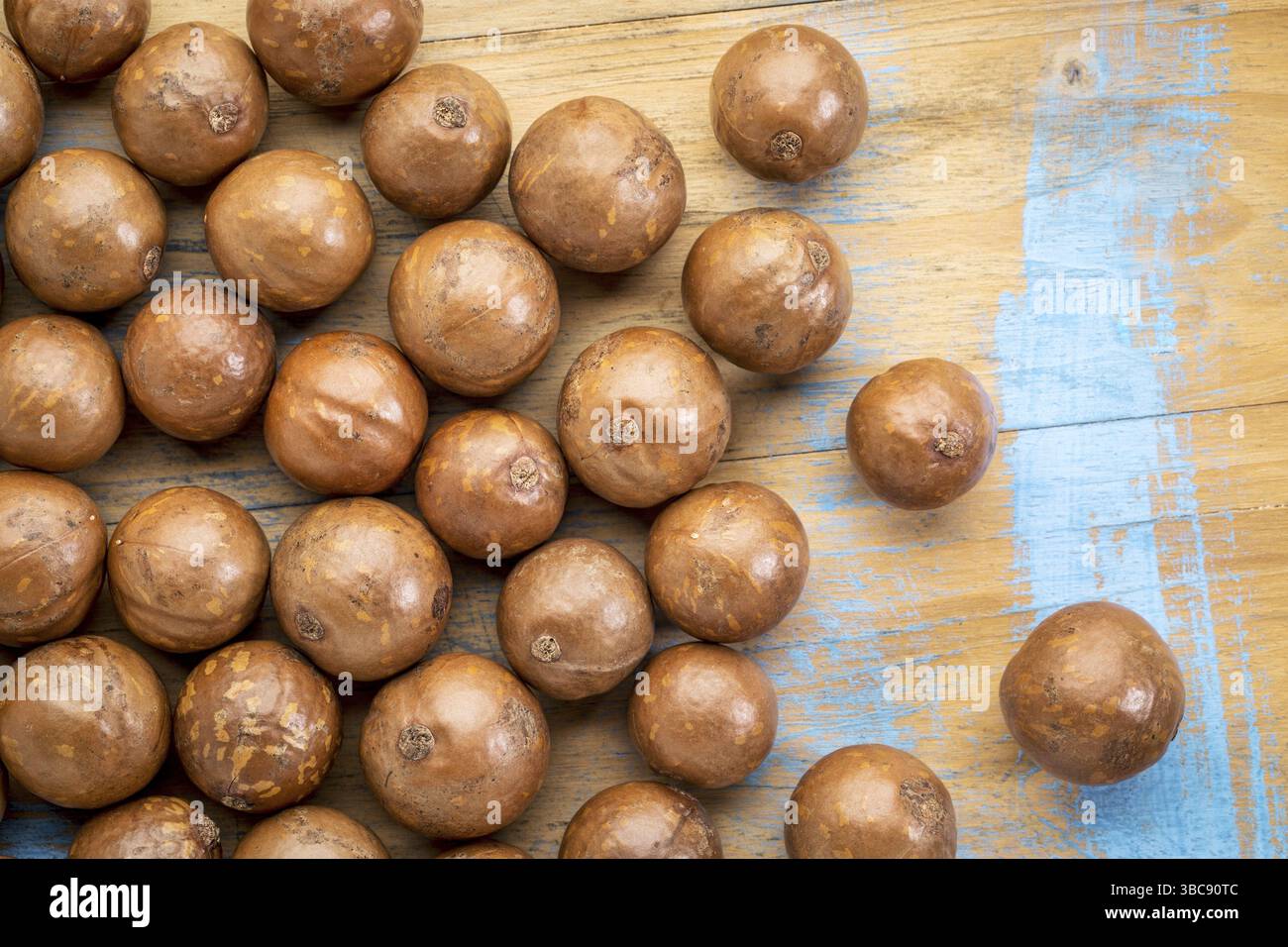 Macadamia nuts in shells on a rustic grunge wood - top view Stock Photo ...