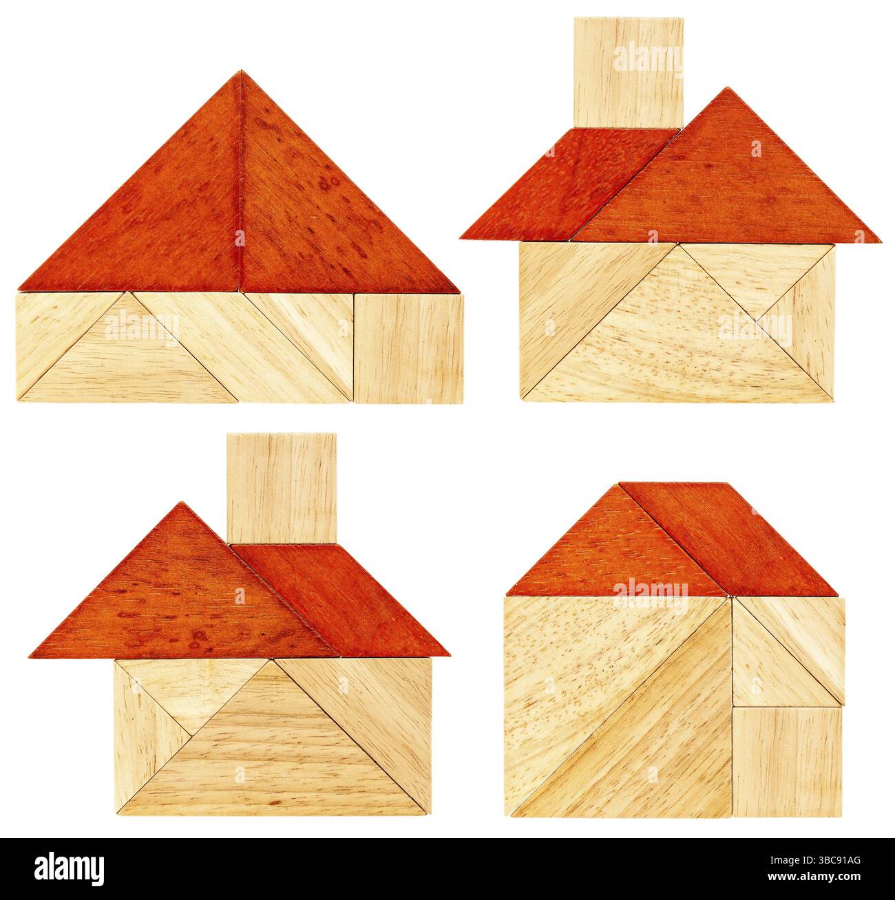Four abstract pictures of a house with a red roof built from seven ...