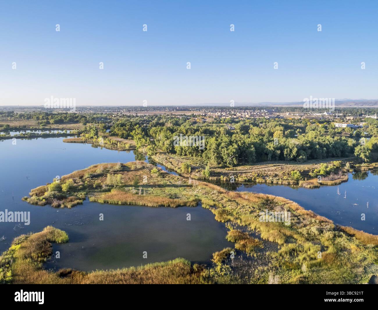 Aerial view of Riverbend Ponds, one of natural areas in Fort Collins ...