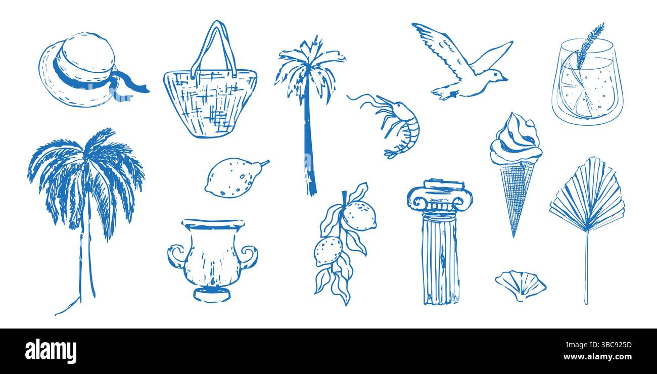 Summer seashore greek sea tourism, rest sketch drawing. Line hand drawn ...