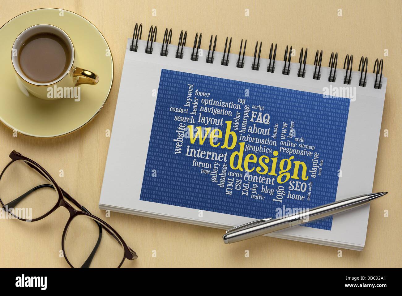 Web design and development word cloud with binary background in a ...