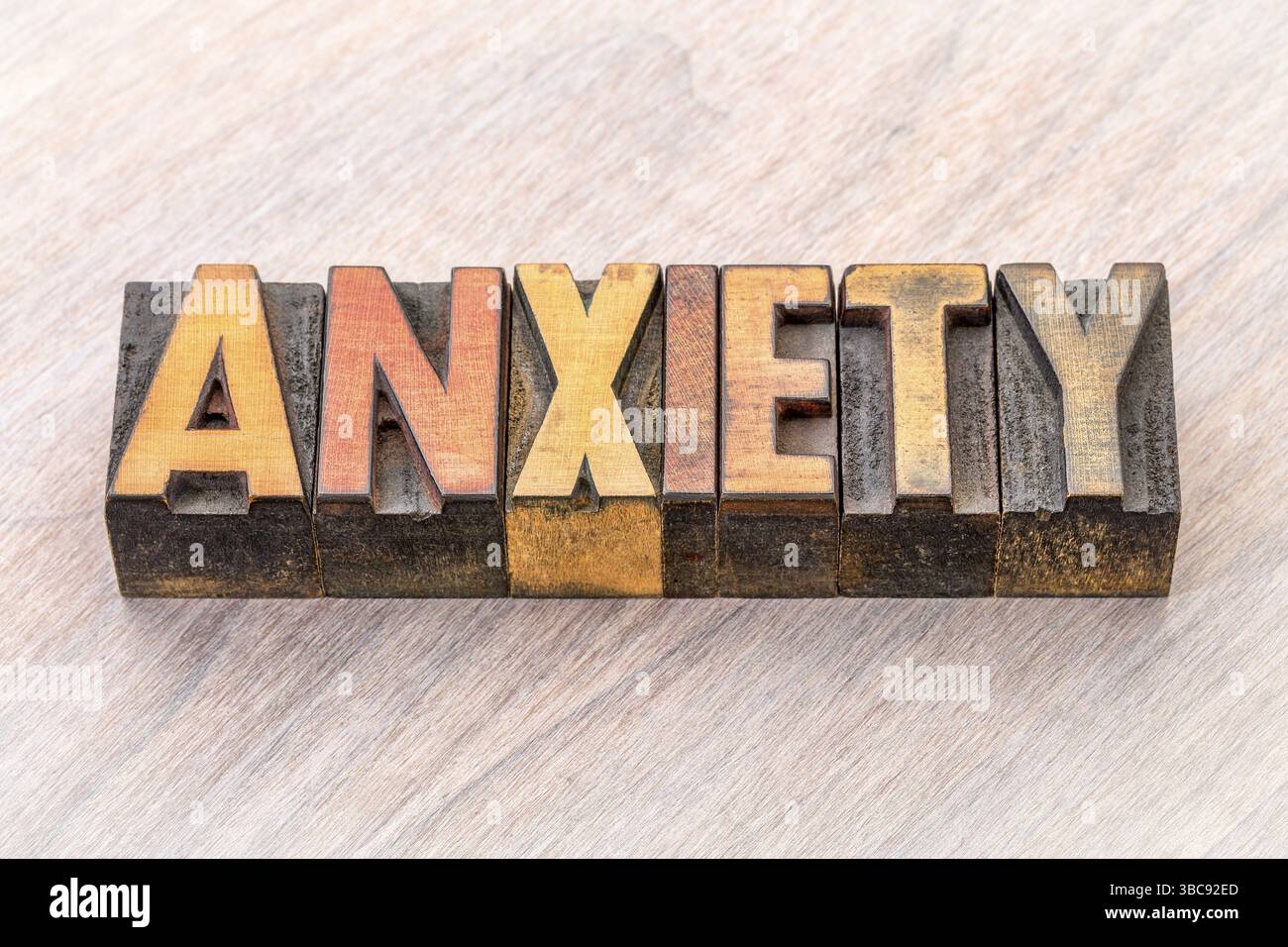 Anxiety word abstract in vintage letterpress wood type printing blocks ...