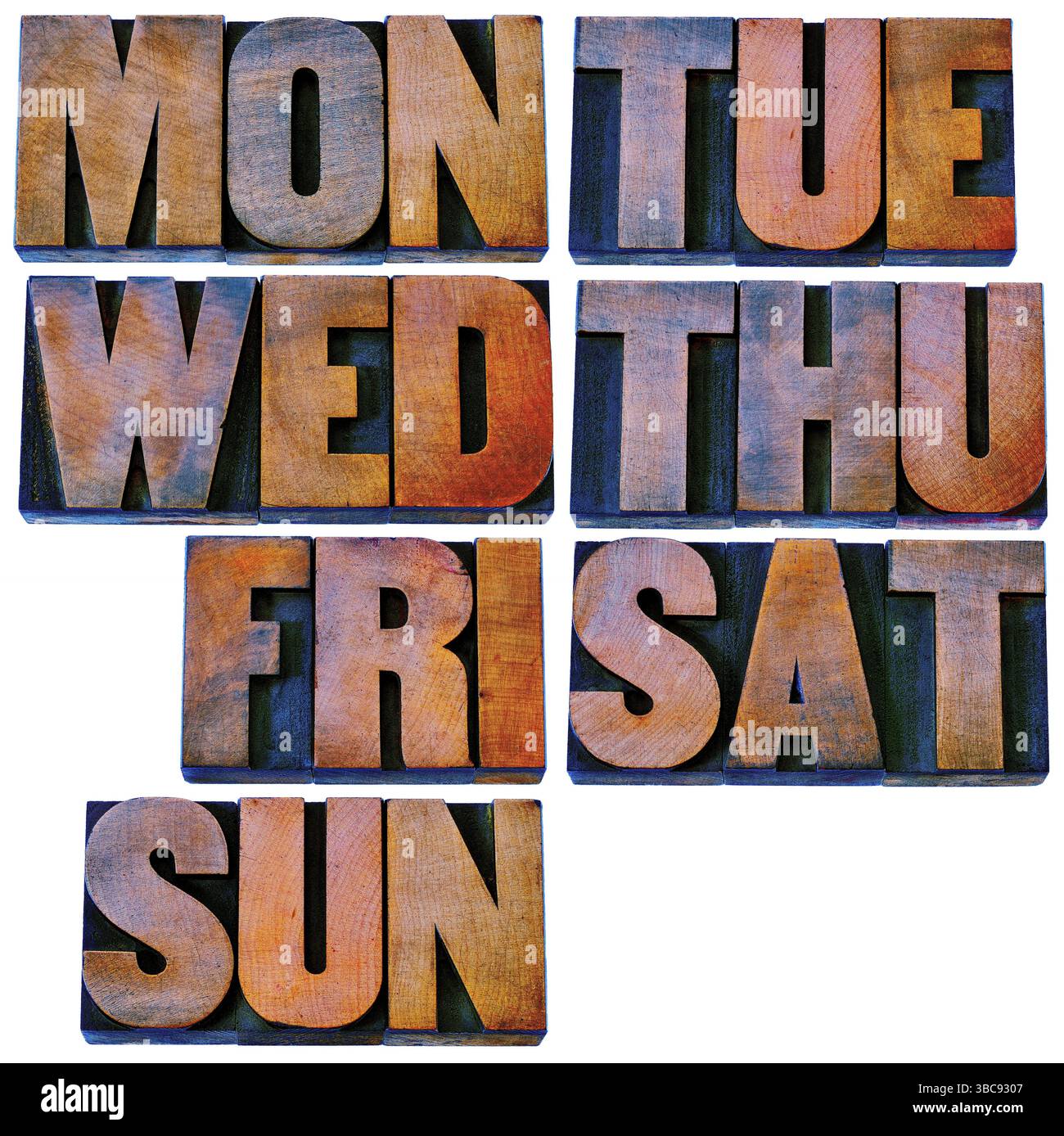 7 days of week (first 3 letter symbols) in isolated vintage letterpress ...