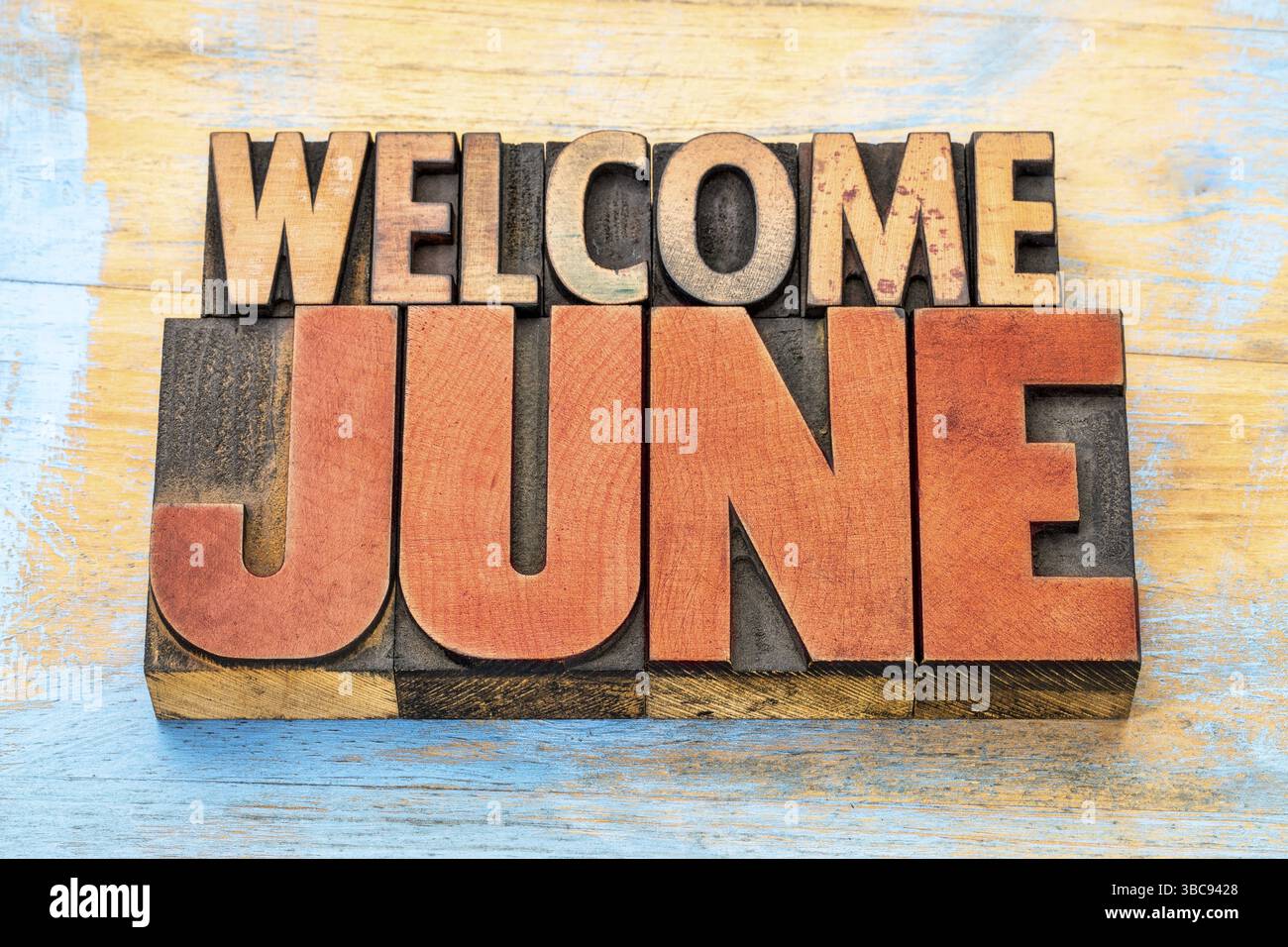 Welcome June banner - word abstract in vintage letterpress wood type ...