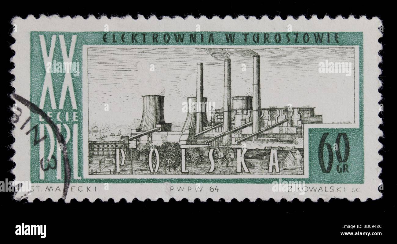 POLAND 1964 - vintage canceled post stamp with drawing of coal power ...