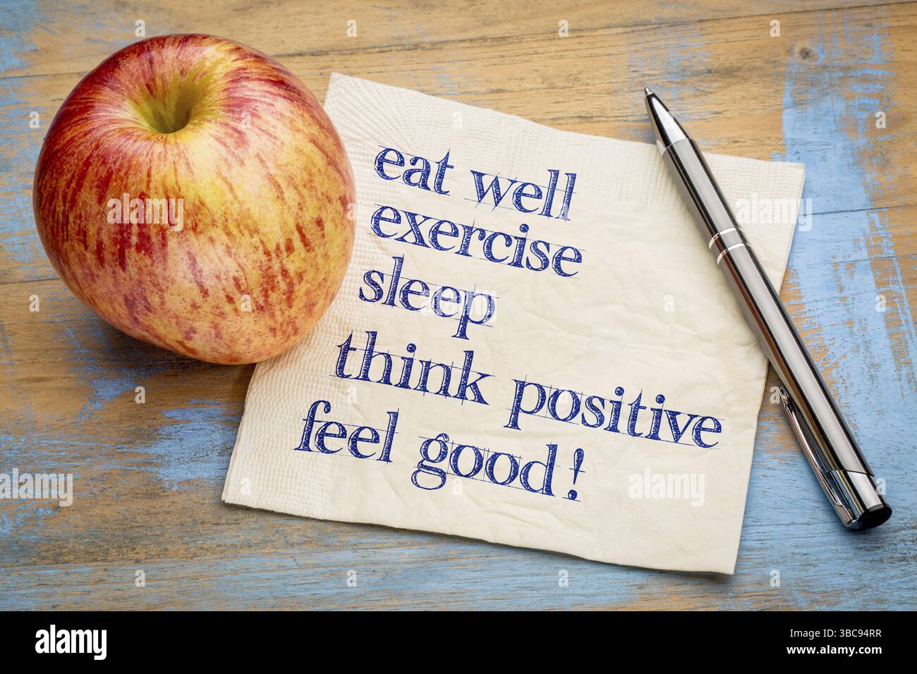 Think positive, exercise, eat well, sleep - concept of feeling good ...