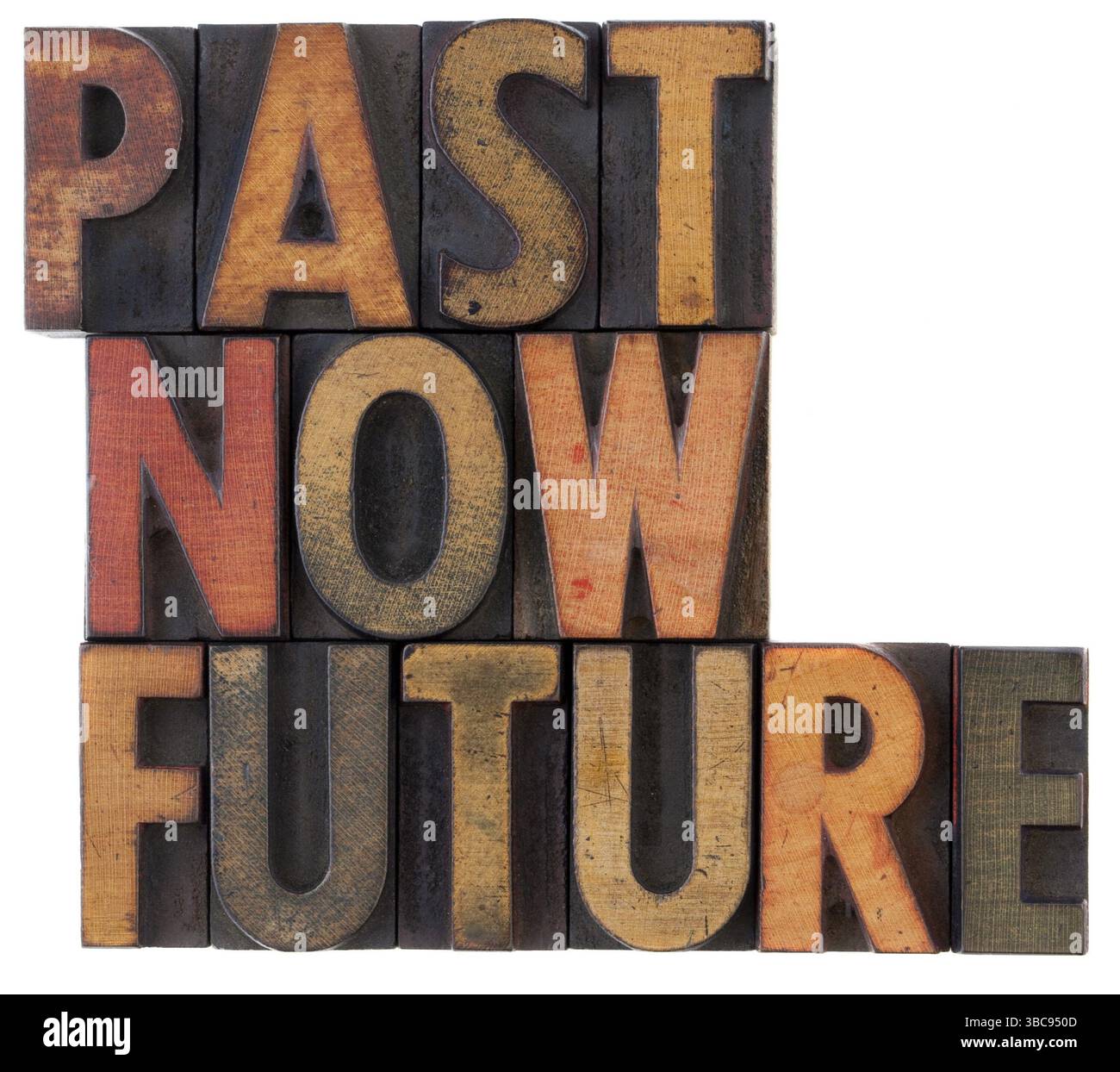 Past, now, future words in vintage wooden letterpress block types ...