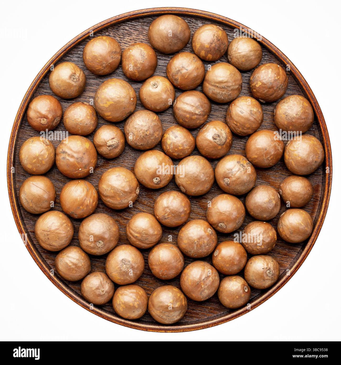 Macadamia nuts in shells on on a round wooden tray isolated on white ...