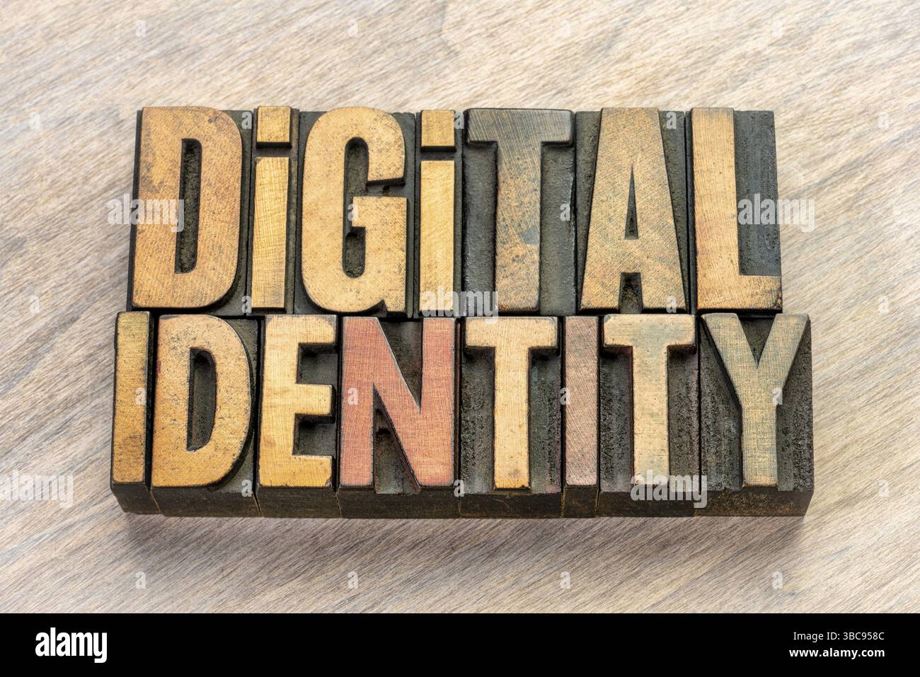 Digital identity word abstract in vintage letterpress wood type Stock ...