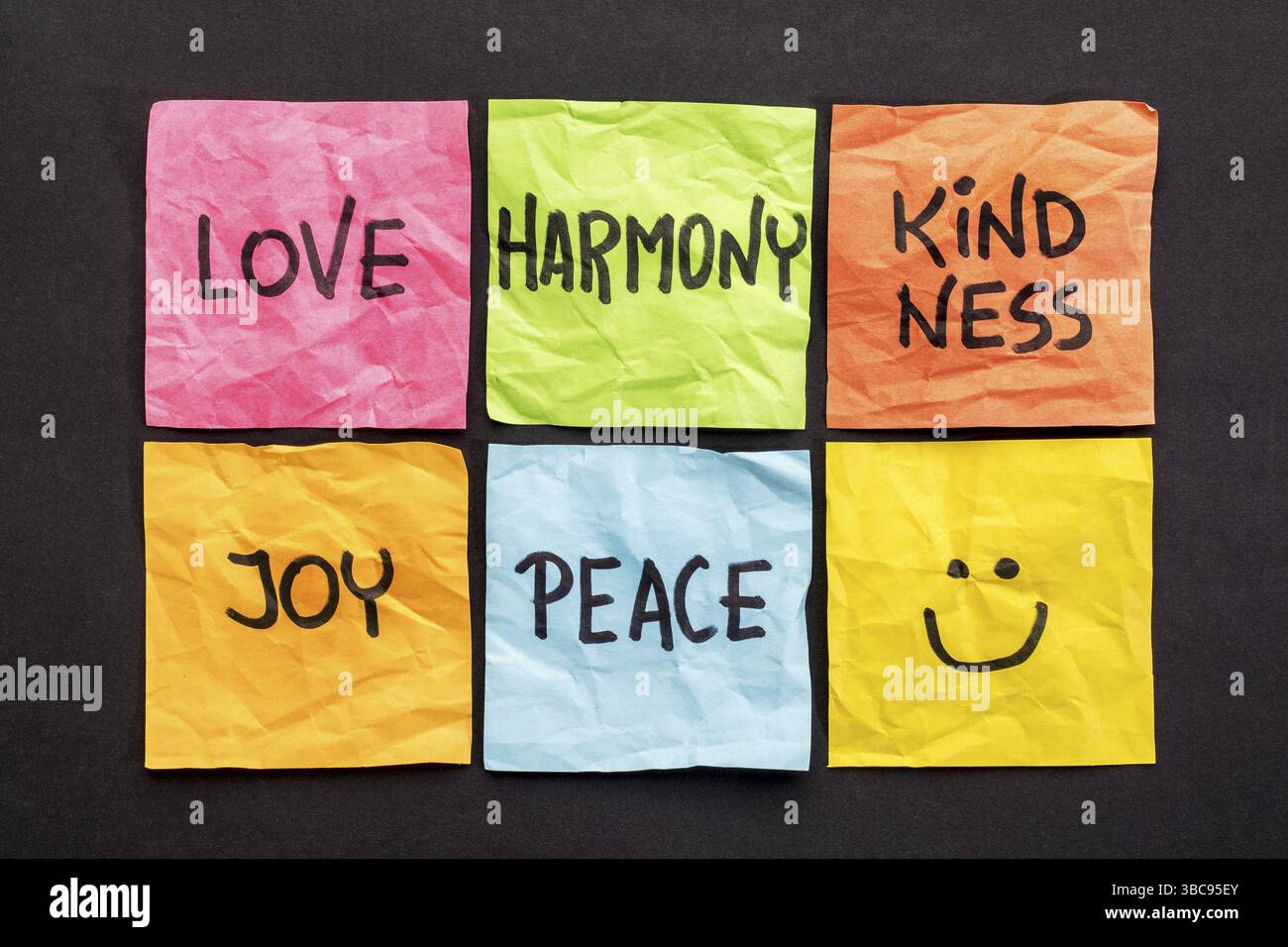 Love, harmony kindness, joy and peace - set of sticky notes with ...