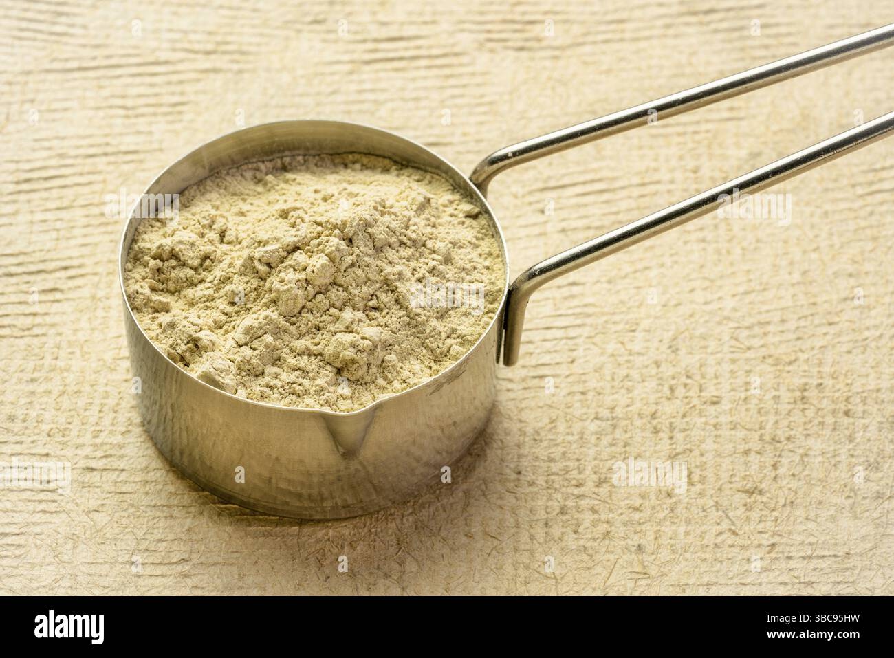 Ashwagandha root (aka Indian ginseng) powder in a measuring metal scoop ...