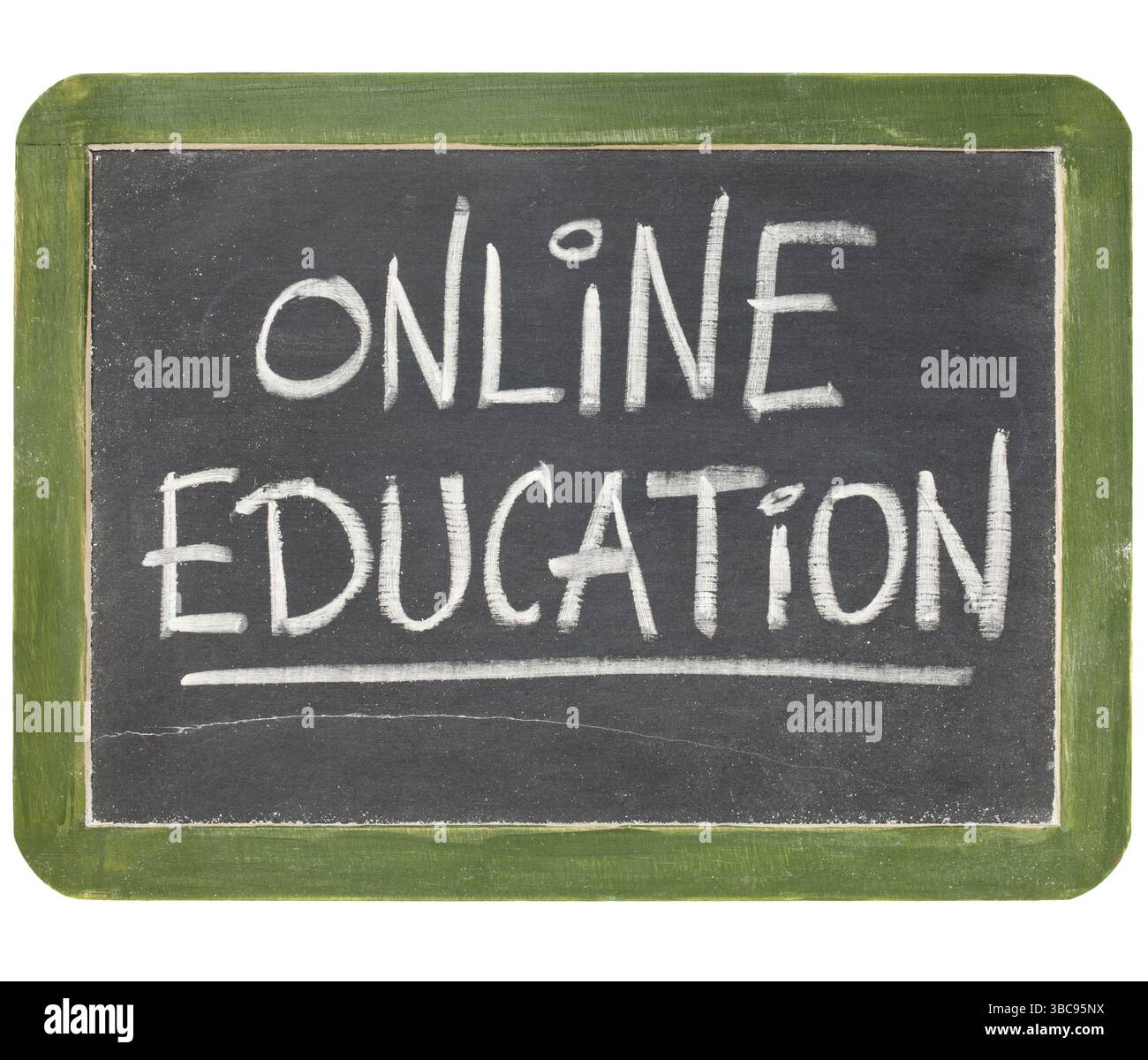 Online education text in white chalk handwriting on a vintage slate ...