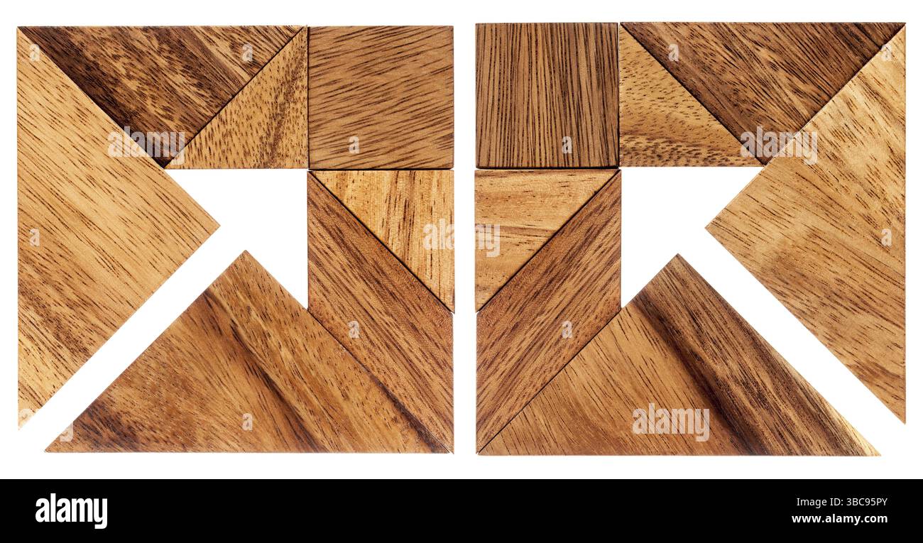 Two abstract pictures of an arrow built from seven tangram wooden ...