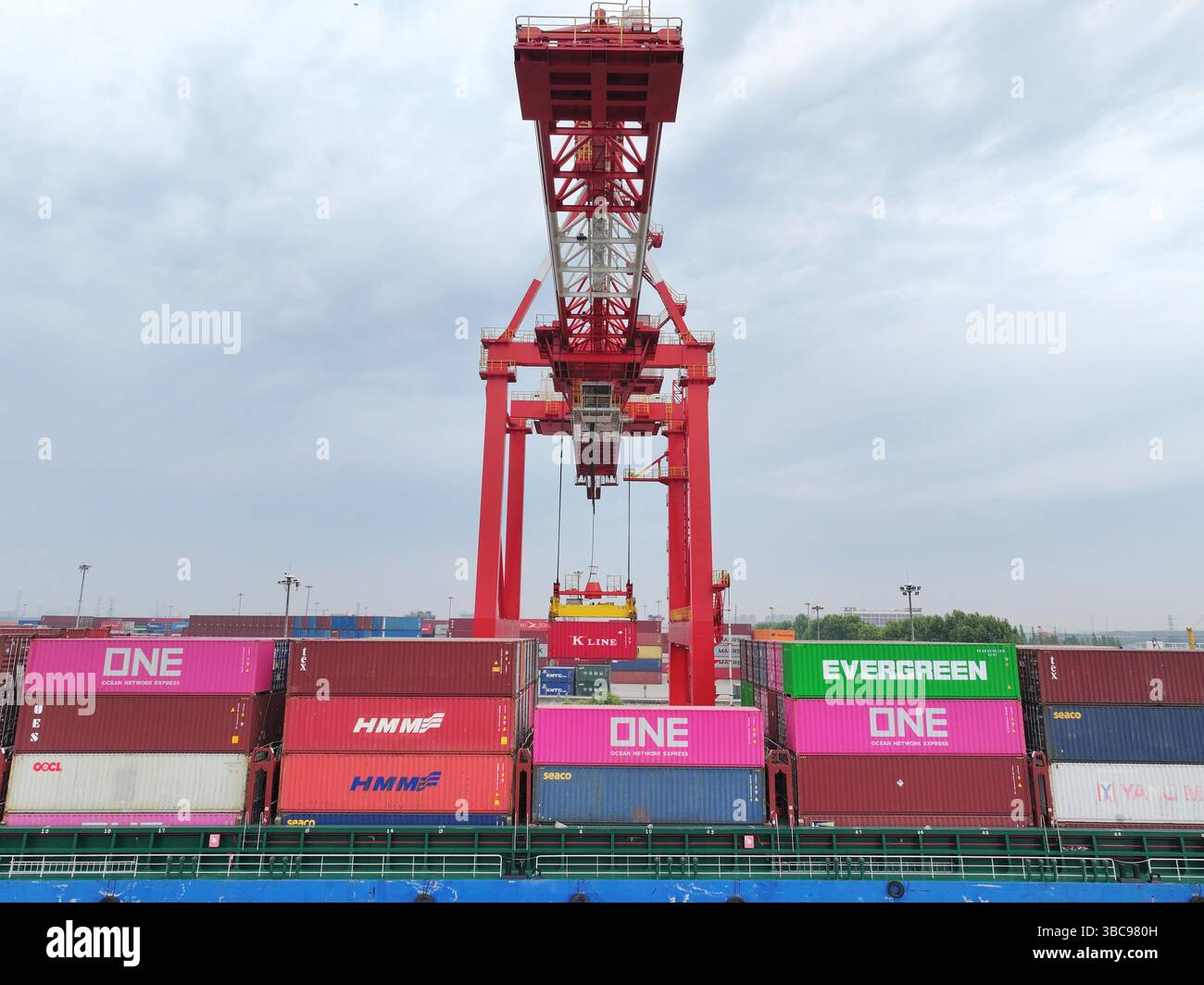 Aerial photo shows the busy container terminal at Yangzhou Port in ...
