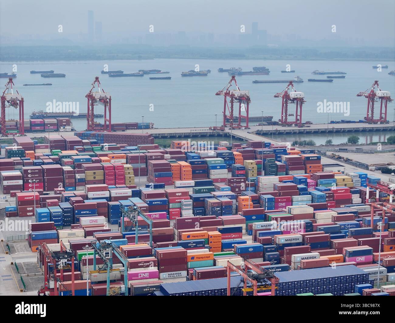Aerial photo shows the busy container terminal at Yangzhou Port in ...