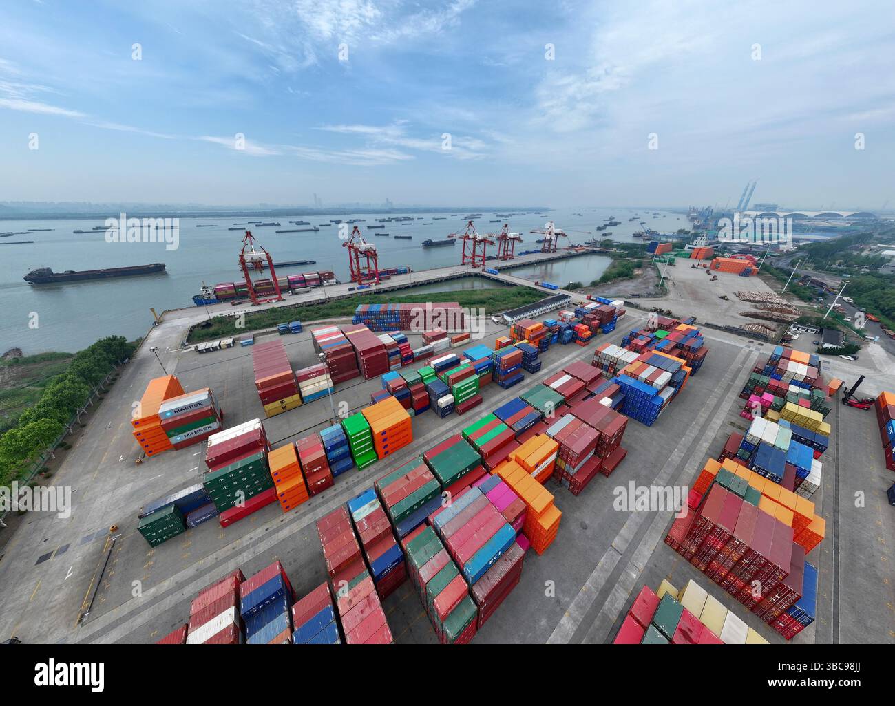 Aerial photo shows the busy container terminal at Yangzhou Port in ...