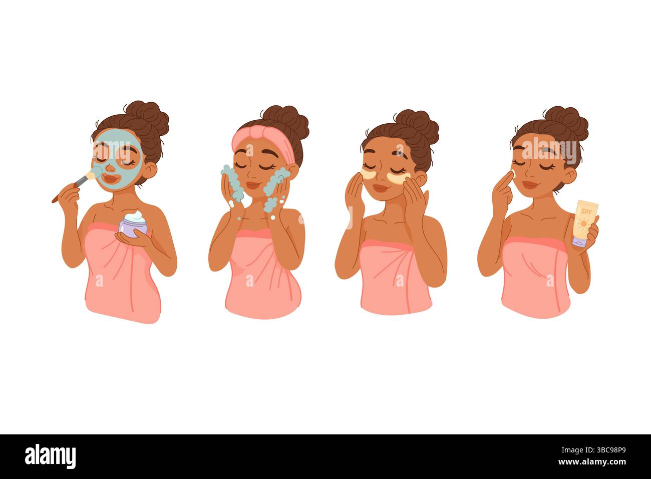 Vector illustration showing woman applying mask, cleansing face, using ...