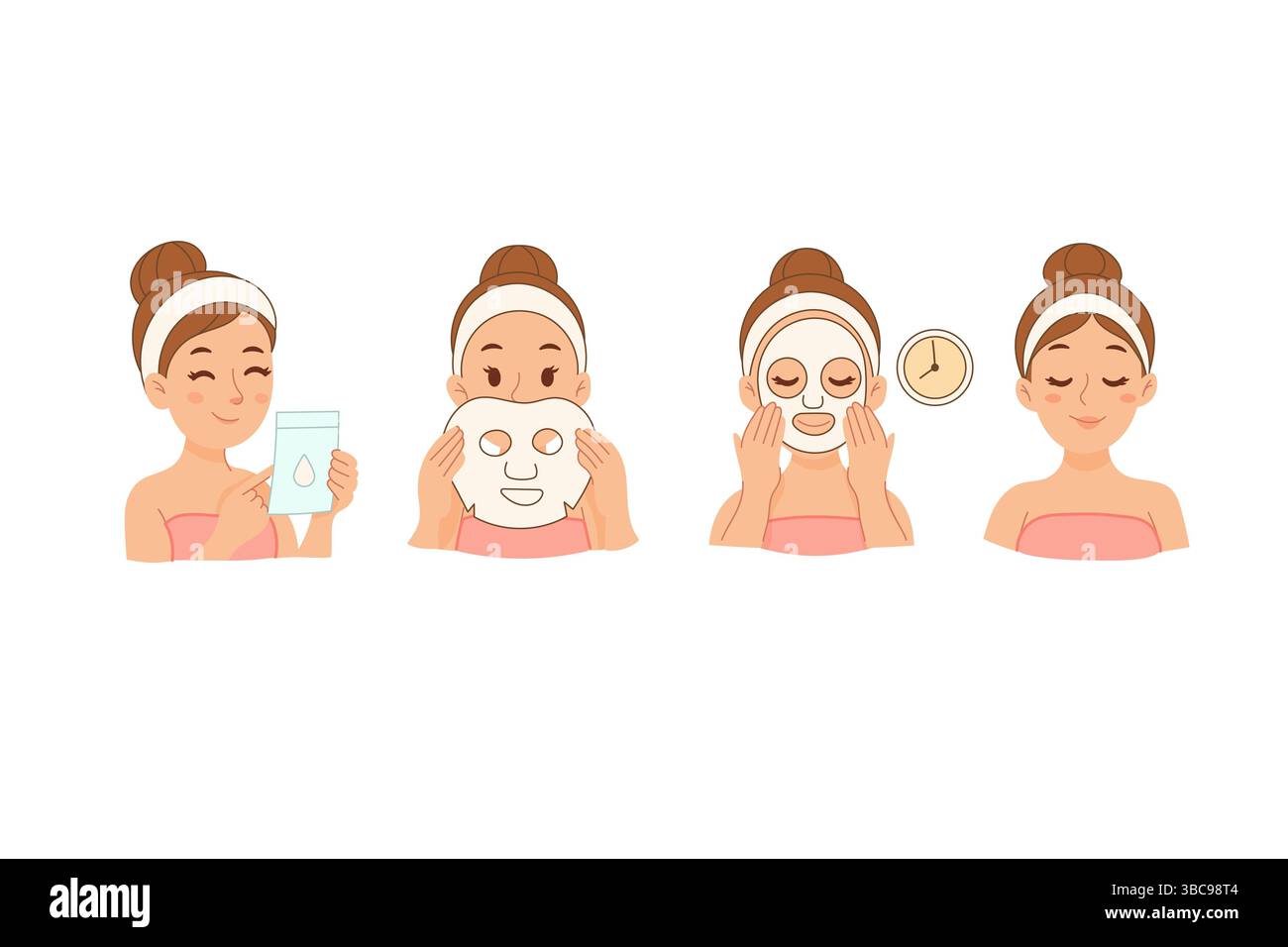 Cartoon illustration shows a young woman using facial sheet mask step ...