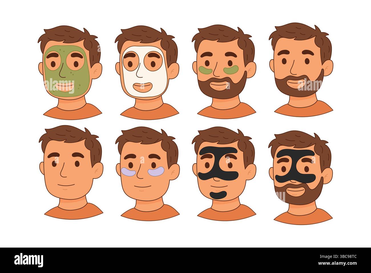 Illustration shows various men with clay masks, sheet masks, eye ...