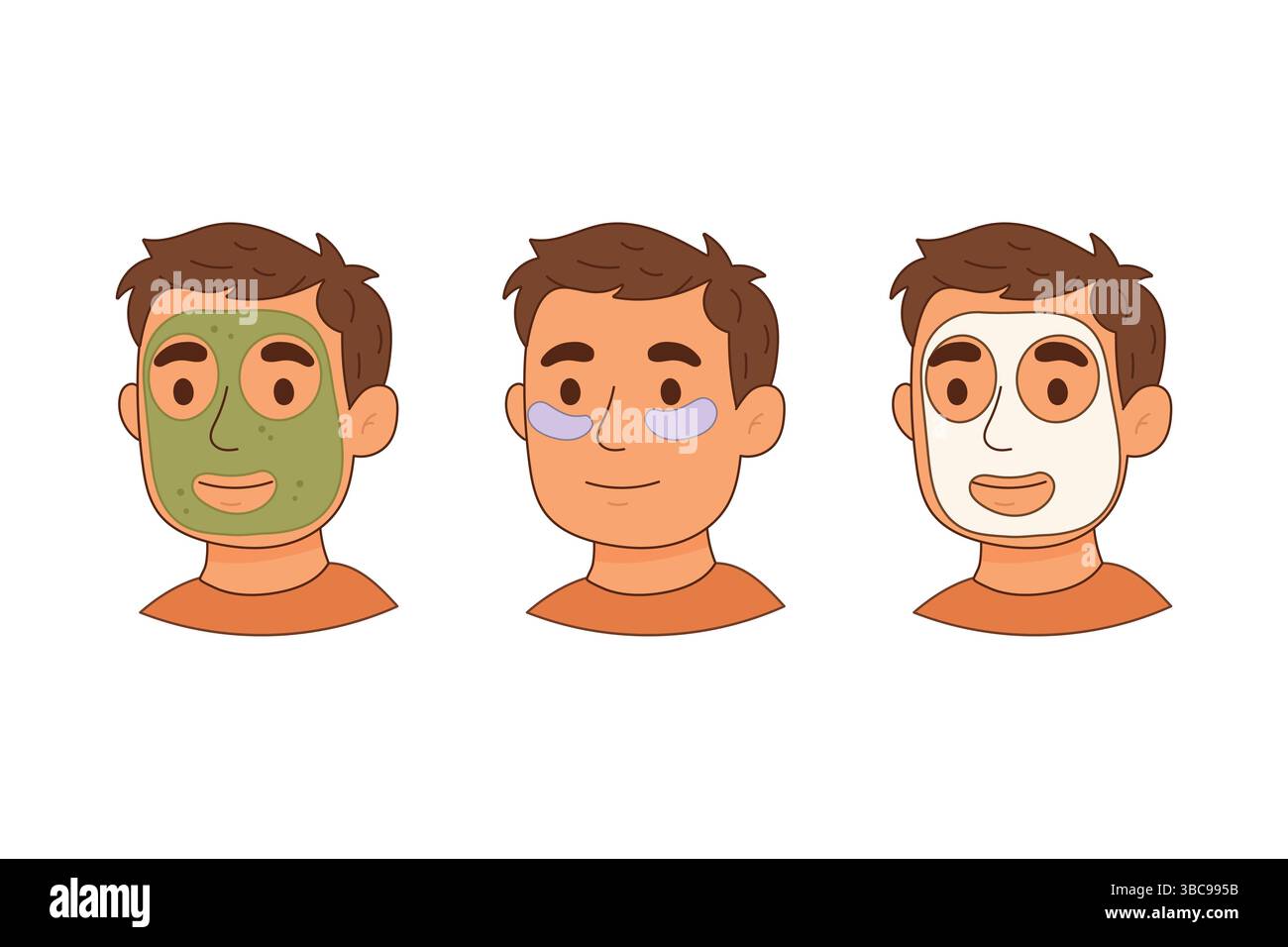 Vector illustration showing a man using three types of face treatments ...