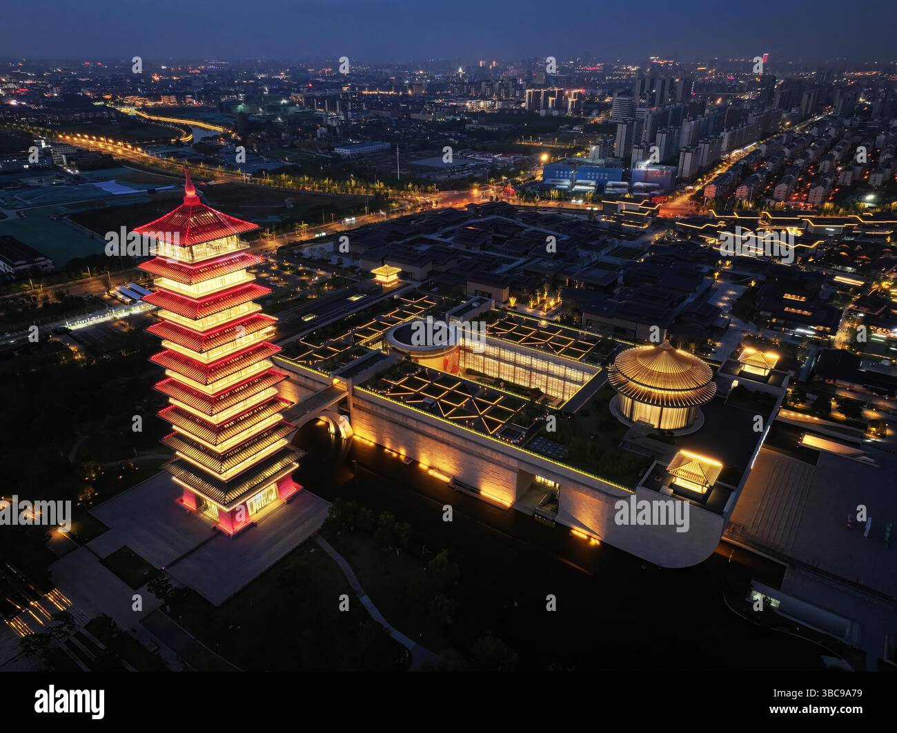 Aerial photo shows the night view of China Grand Canal Museum in ...