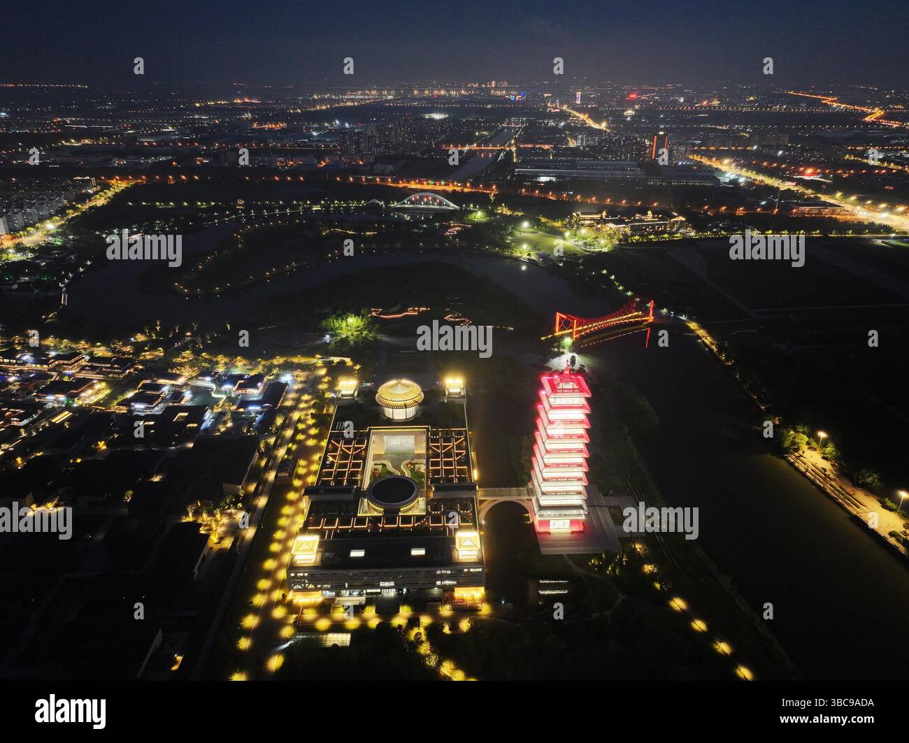Aerial photo shows the night view of China Grand Canal Museum in ...