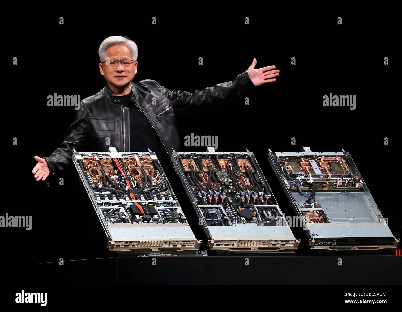 President and CEO of Nvidia Corporation Jensen Huang delivers a speech ...
