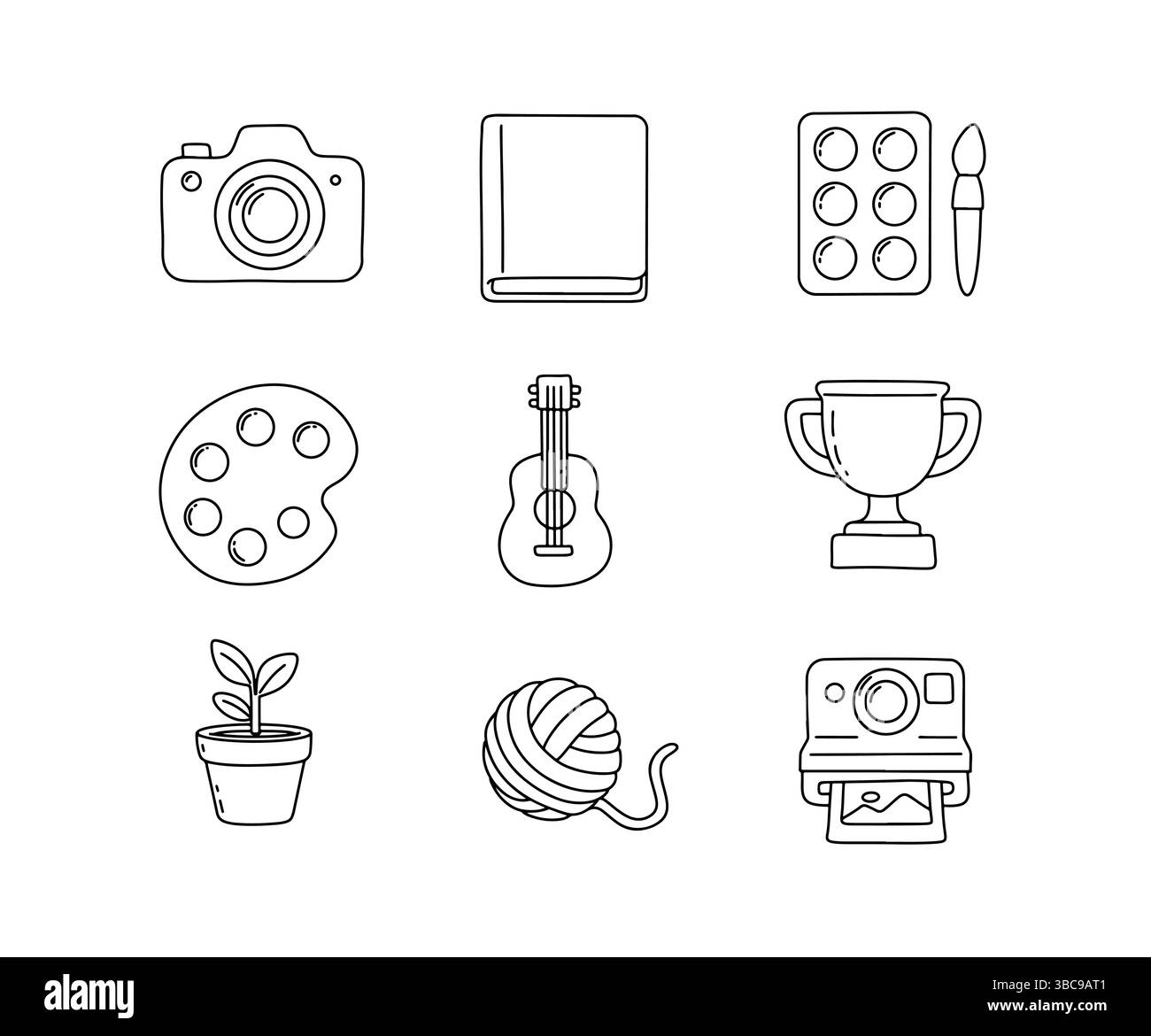 Collection of black and white hobby icons including camera, guitar ...