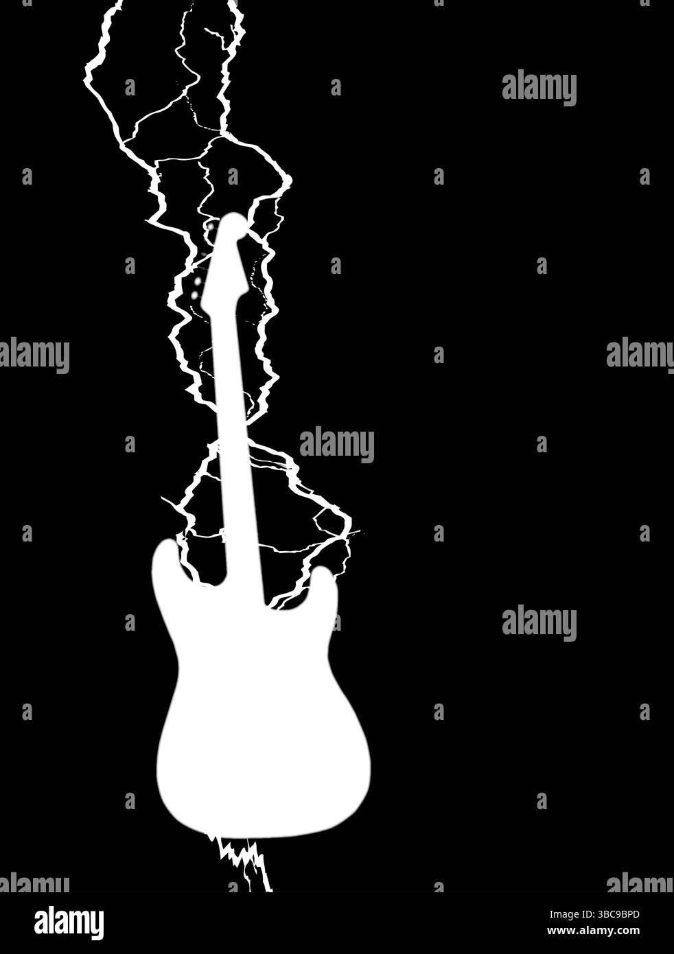 A electric guitar being struck by a lightning bolt in white silhouette ...