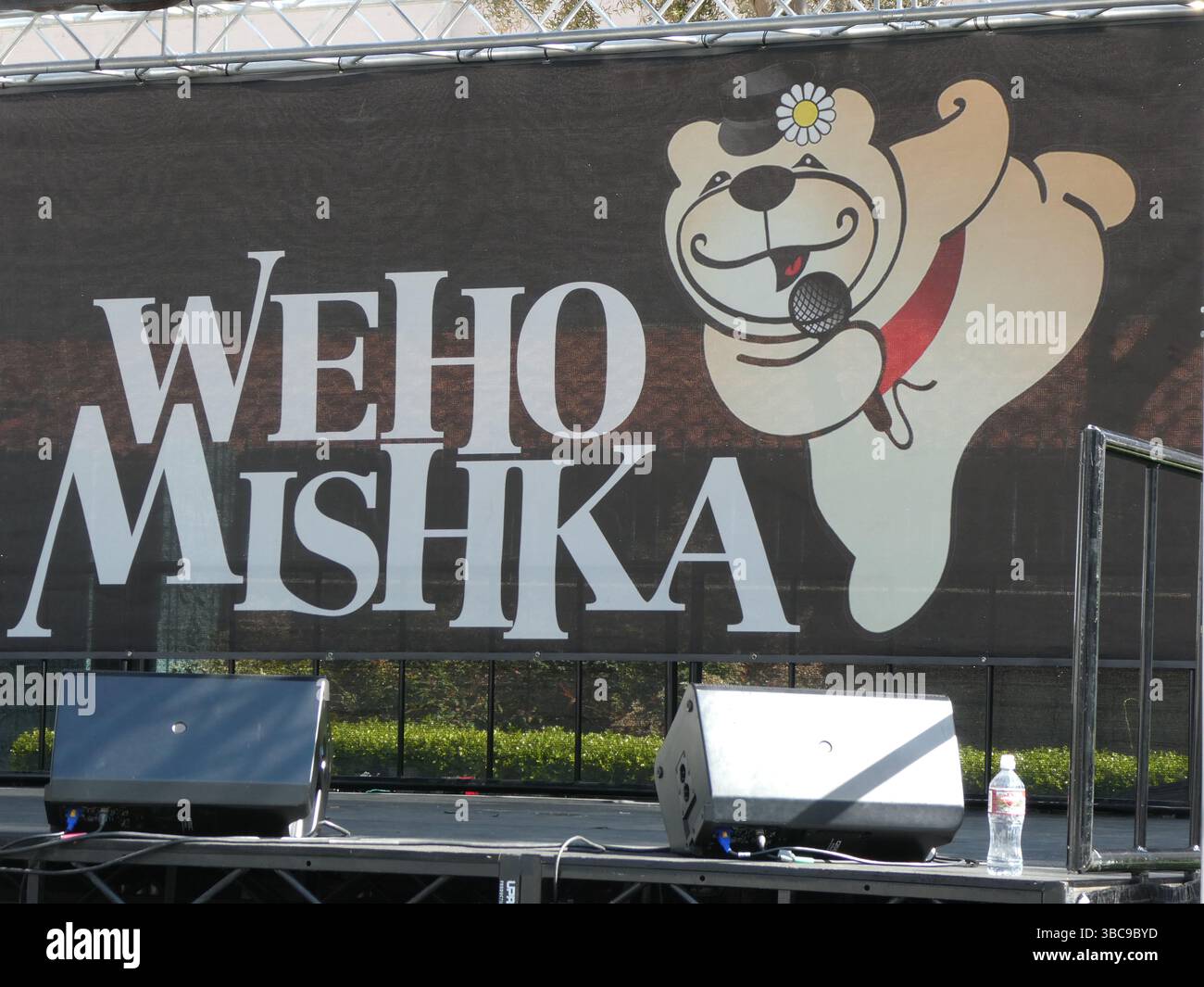 Stage signage displayed at the Mishka Festival in West Hollywood on May ...